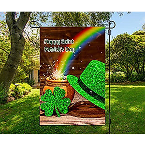 St Patricks Day Garden Flag - Pot of Gold Leprechaun Flag - 12 x 18 Double Sided Irish Garden Flags - Shamrock Saint Patricks Day Rainbow Flag by Jolly Jon