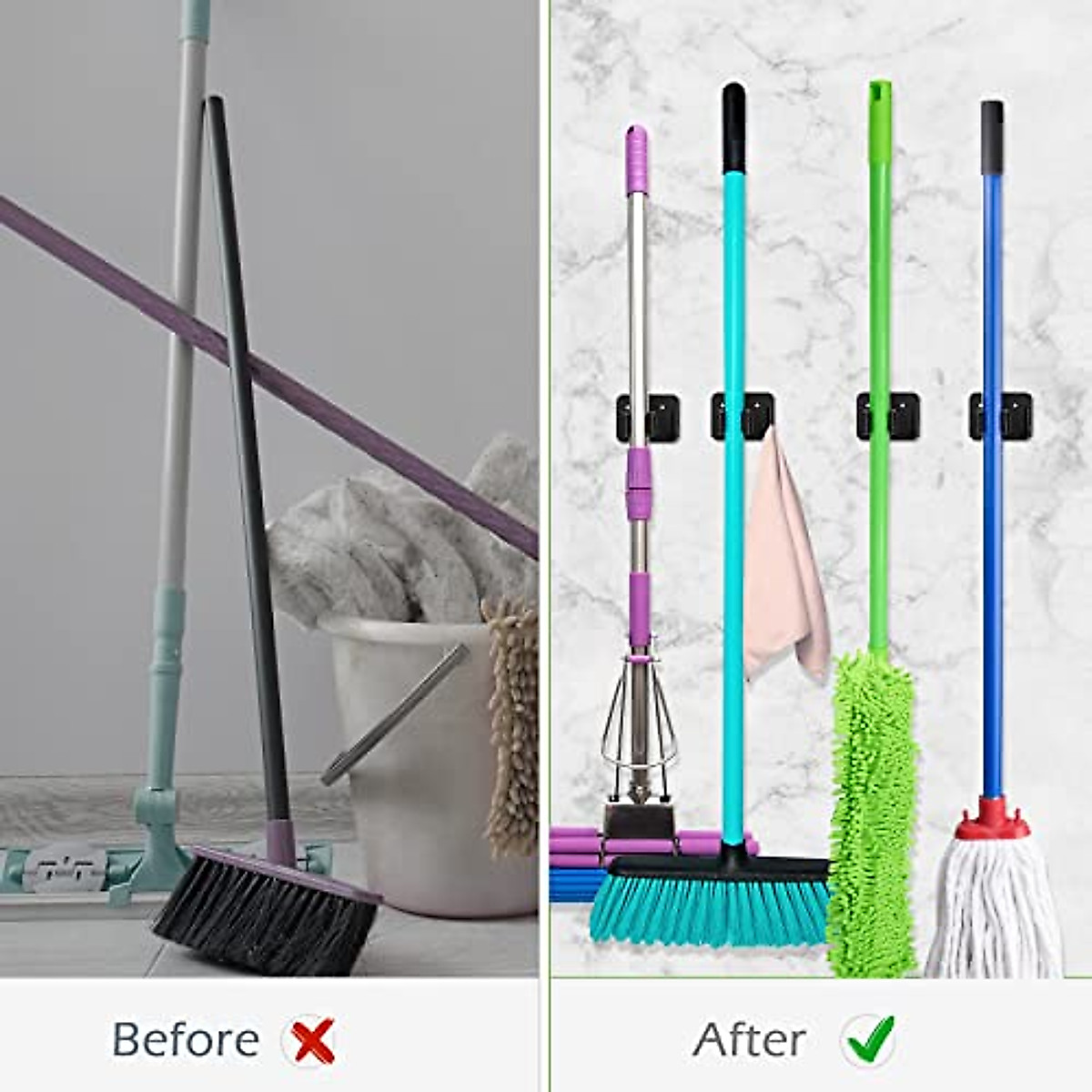 Mop and Broom Holder Wall Mount. Non-slip Stainless Steel Mop Holder Broom Hanger Tool Organizer Self Adhesive. Organization and Storage for Home Garden Garage Kitchen Laundry Room (Black, 4 Pack)