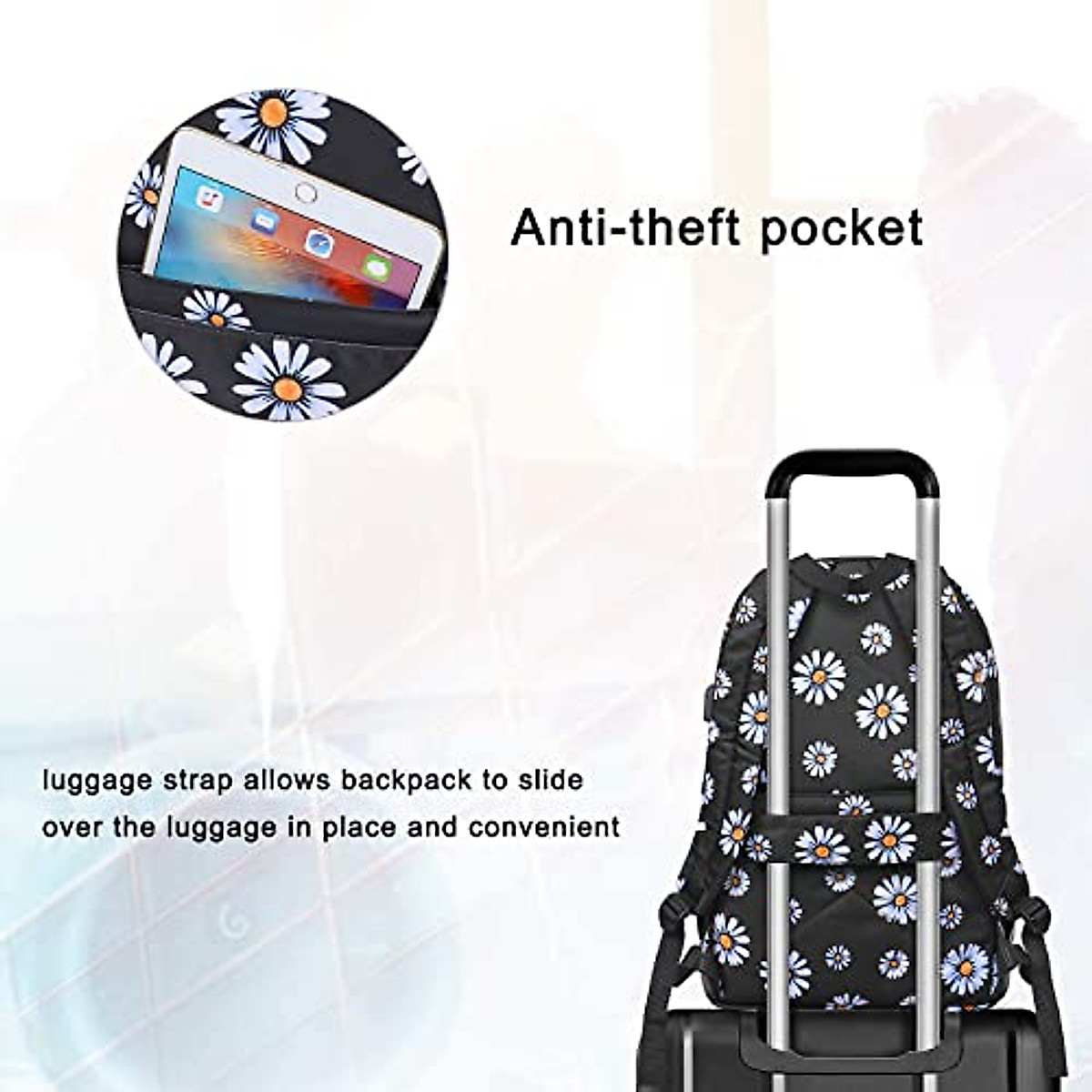 MOSISO 15.6-16 inch 20L Laptop Backpack for Women Girls, Polyester Anti-Theft Stylish Casual Daypack Bag with Luggage Strap & USB Charging Port, Camomile Travel Business College School Bookbag, Black