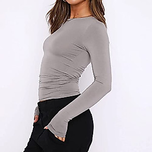 Women's Casual Basic Crop Tops Slim Fit Long Sleeve Crew Neck Solid Color Fall Pullover Shirts Tight Tee (Light Grey, S)