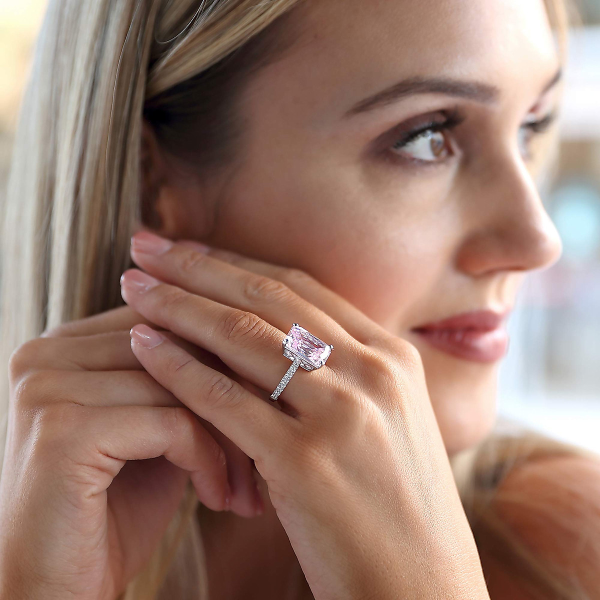Sterling Silver Ring Emerald Cut 8.5 carat Super Light Pink CZ Stone Cocktail Ring 14MM (Size 5 to 10), 7