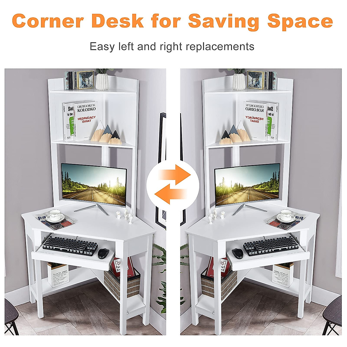 Tangkula White Corner Desk with Hutch, 90 Degrees Triangle Computer Desk with Keyboard Tray & Bookshelves for Small Space, Space Saving Writing Desk with Storage Shelves for Bedroom Apartment