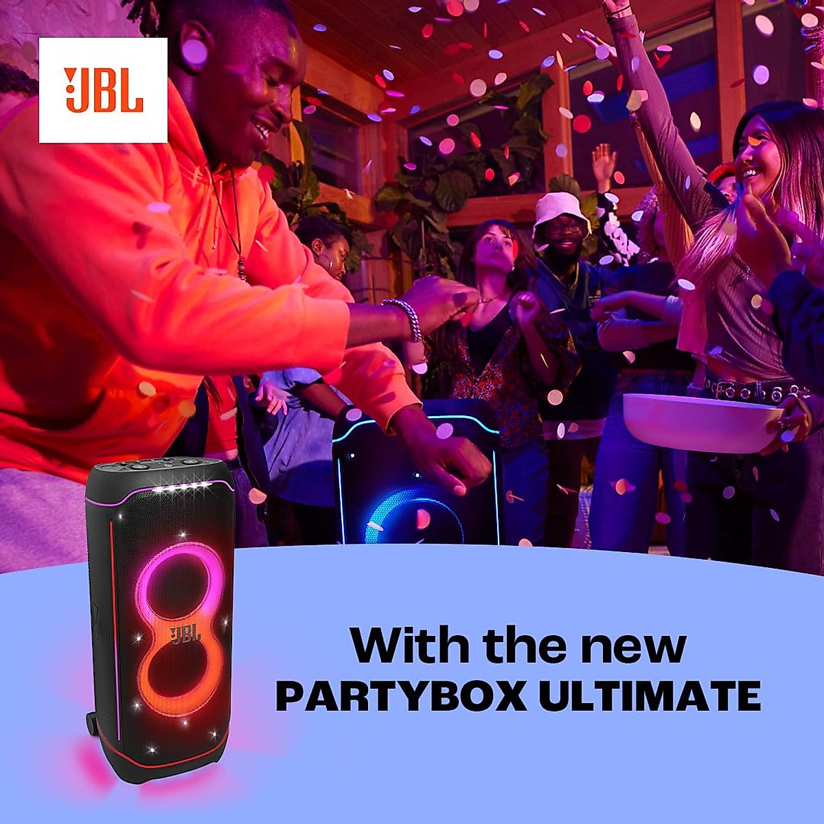 JBL Partybox Ultimate - Multi Purpose Party Speaker, with Wi-fi & Bluetooth Connectivity, Wireless, Lightshow, IPx4 Slashproof, Dual Mic & Guitar Inputs, Handle & Sturdy Wheels, Black