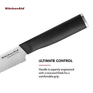 KitchenAid Classic Serrated Utility Knife with Custom Fit Blade Cover, 8 inch, Sharp Kitchen Knife, High Carbon Japanese Stainless Steel Blade, Black