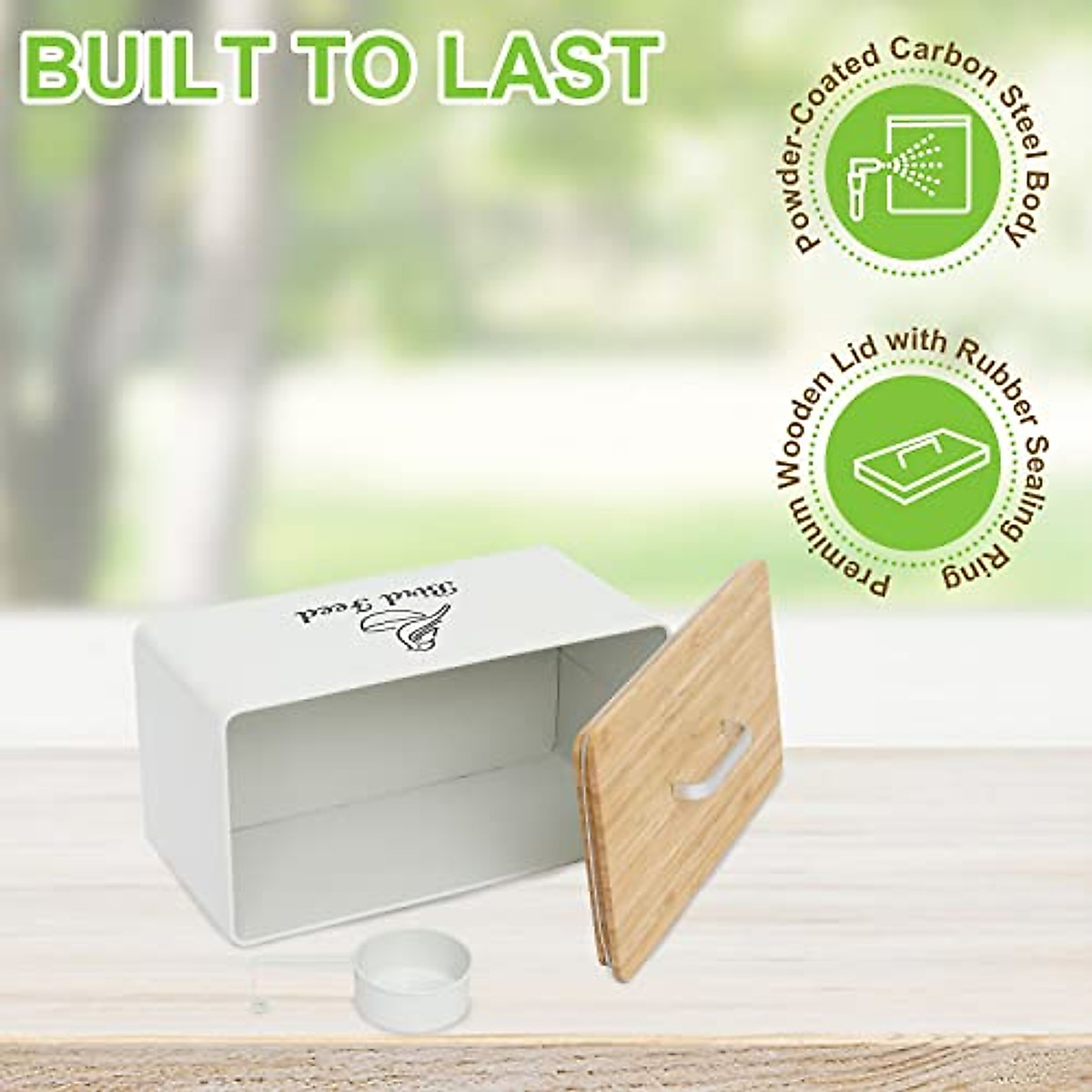 Brabtod Bird Seed Storage Container-Rectangular Pet Food Tin-with Bird Seed Scoop,Metal Airtight Bird Food Feeder with Wooden Lid, Ideal Store Sunflower Seed Wild Birdseed-White