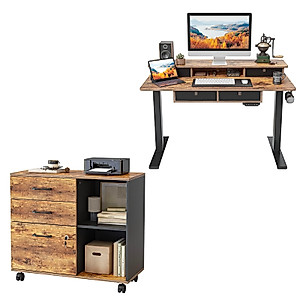 FEZIBO Height Adjustable Desk with 4 Drawers Storage and 3-Drawer Mobile File Cabinet