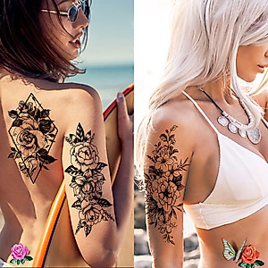 Cerlaza Temporary Tattoos for Women, Fake Flower Tattoos Stickers for Adults, Semi Permanent Half Sleeve Tattoo Body Leg Makeup Waterproof, Flower 3D Butterflies Tatuajes Temporales-12 Sheets