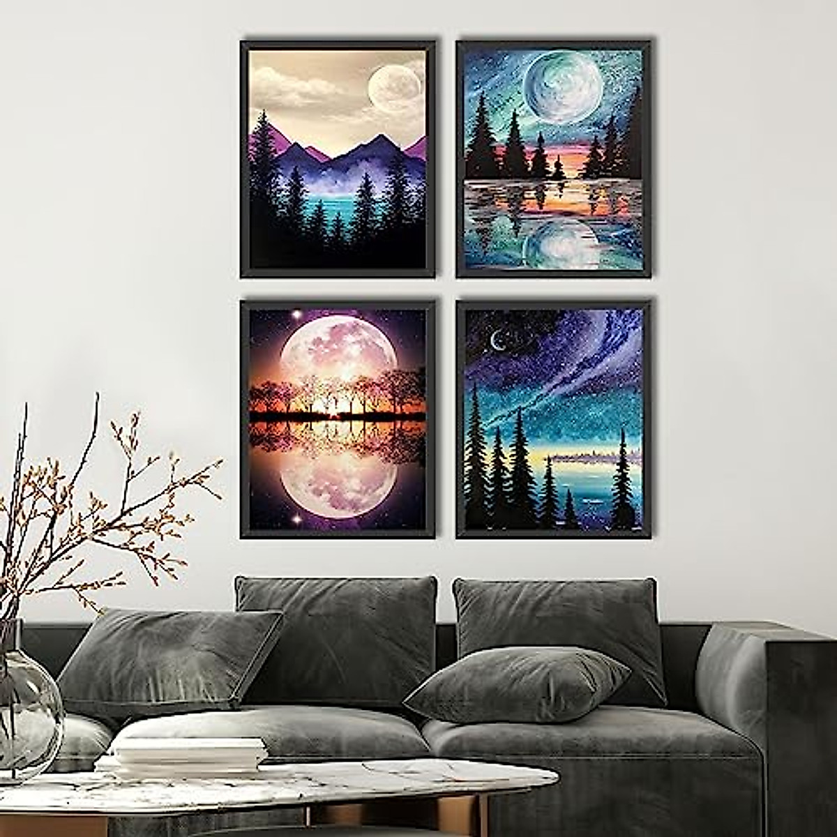 Suyaloo 4 Pack Paint by Numbers,Moon Paint by Numbers for Adults Kids Beginner,Landscape Drawing Paintwork with Paintbrushes DIY Acrylic Paint Canvas Oil Painting for Home Wall Decor 12X16Inch