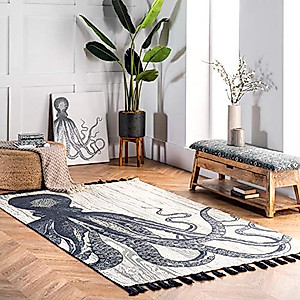 nuLOOM Thomas Paul Printed Octopus Over Board Tassel Area Rug, 5' x 8', Ivory