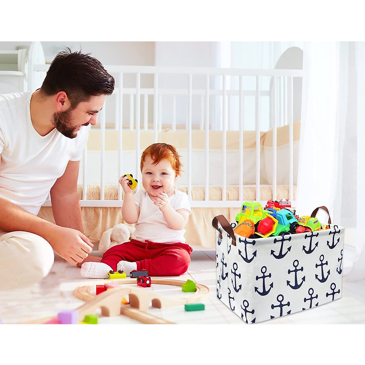 HIYAGON Kids Storage Basket Nautical Gift Basket Empty Boys Toy Storage Bin Organizer Box Rectangular Room Decor for Home,Books (Anchor)