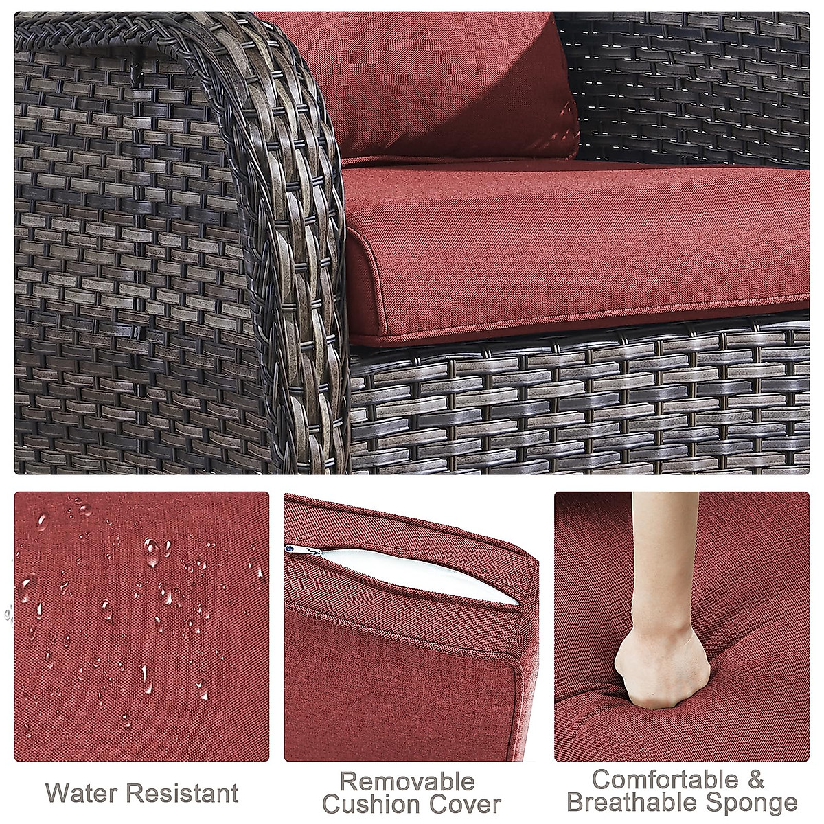 HUMMUH Outdoor Furniture 5 Pieces Patio Furniture Set Wicker Outdoor Sectional Sofa with 2 Patio Chairs,Ottomans(Grey/Red)