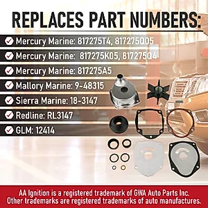 Water Pump Impeller Kit - Compatible with Mercury Marine and Mercruiser - 1991-2021 - Replaces 817275Q05, 817275T4, 18-3147, 9-48315, 12414 - Alpha One Gen 2 Engines - Stern and Vazer Drives