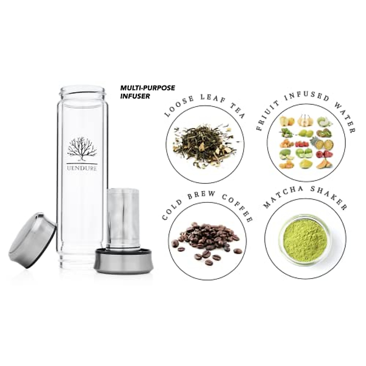 UEndure Tea Tumbler with Infuser - BPA Free Double Wall Glass Travel Tea Mug with Stainless Steel Filter - Watertight Tea Bottle with Strainer for Loose Leaf Tea and Fruit Infused Water 14oz