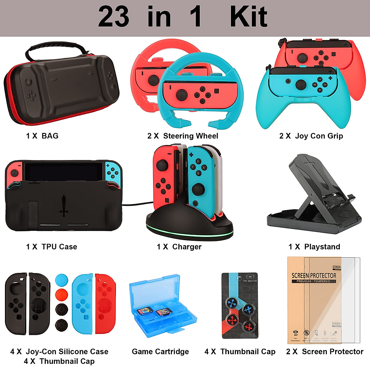 Switch Accessories Bundle for Nintendo Switch Games, Kit with Carrying Case, Steering Wheels, Screen Protectors, Charging Dock, Grips, Caps (23 in 1)