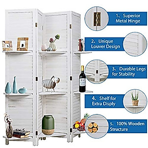 Tyyps 4 Panel 6 Ft Tall Wood Room Divider Folding Portable Privacy Wooden Screen Partition Wall Indoor/Outdoor Folding Screen w/Removable 3 Display Shelves Wooden Partitions for Home Office, White