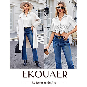 Ekouaer Womens Silk Satin Pajama Sets 2 Piece Pjs Button Down Sleepwear Wide Leg Long Pants Loungewear with Pockets White