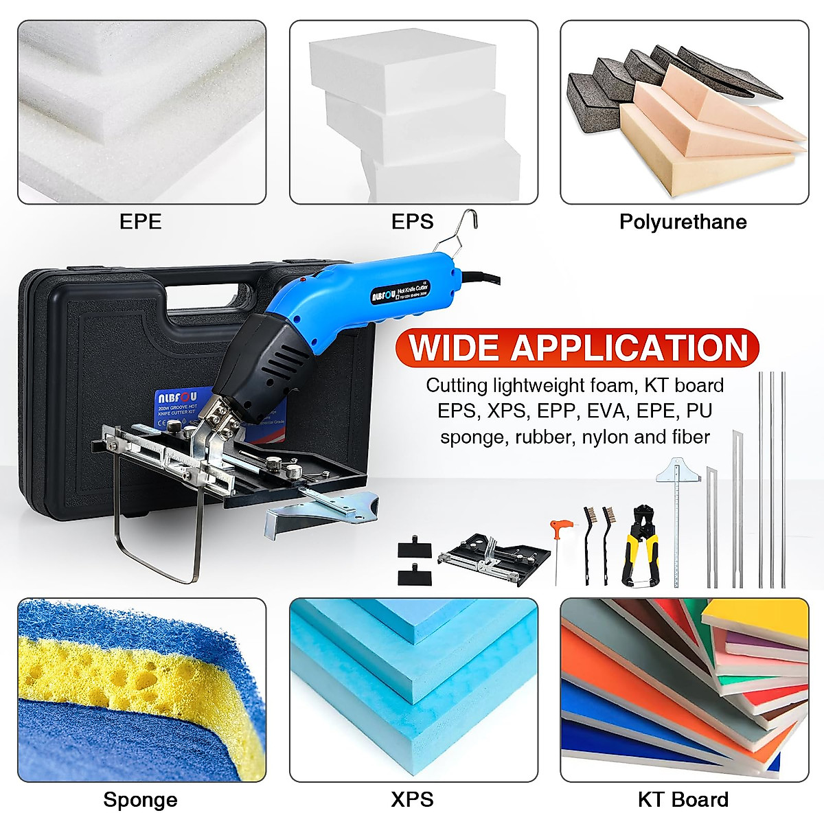 NLBFOU Electric Hot Knife Kit for Grooving/Sculpting/Cutting (5 Blades) Air Cooled 200W 110-120V Pro Slotter Foam Cutting Tool Styrofoam Cutter for XPS, EPP, EPS, EVA, EPE, KT Board, Sponge