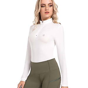 Harrison Howard Women's Equestrian Sweat Absorption Quick Drying Horse Riding Long Sleeve Shirt 1/4 Zip Base Layer White Small