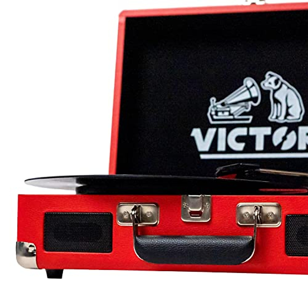 VICTOR Metro 3-Speed Portable Suitcase Turntable Record Player with Dual Bluetooth in & Out and Built-in Stereo Speakers, Red
