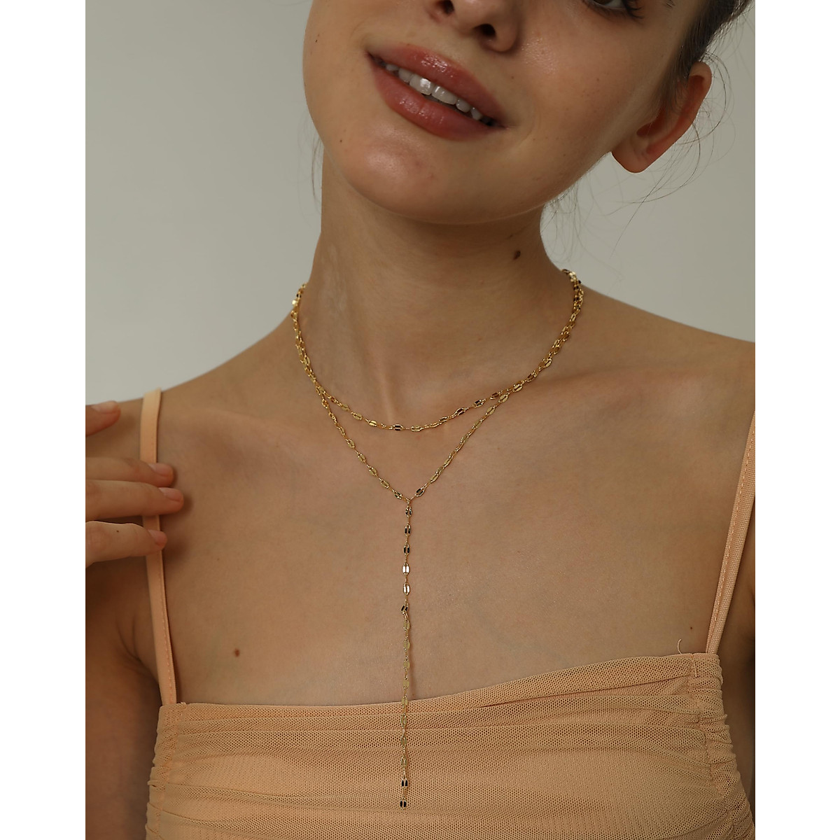 Awvialy Layered Gold Necklaces for Women Dainty Long Gold Necklace 14k Gold Plated Lips Y Chain Necklace Simple Gold lariat Necklace Aesthetic Drop Necklace Cute Choker Necklaces Trendy Gold Jewelry