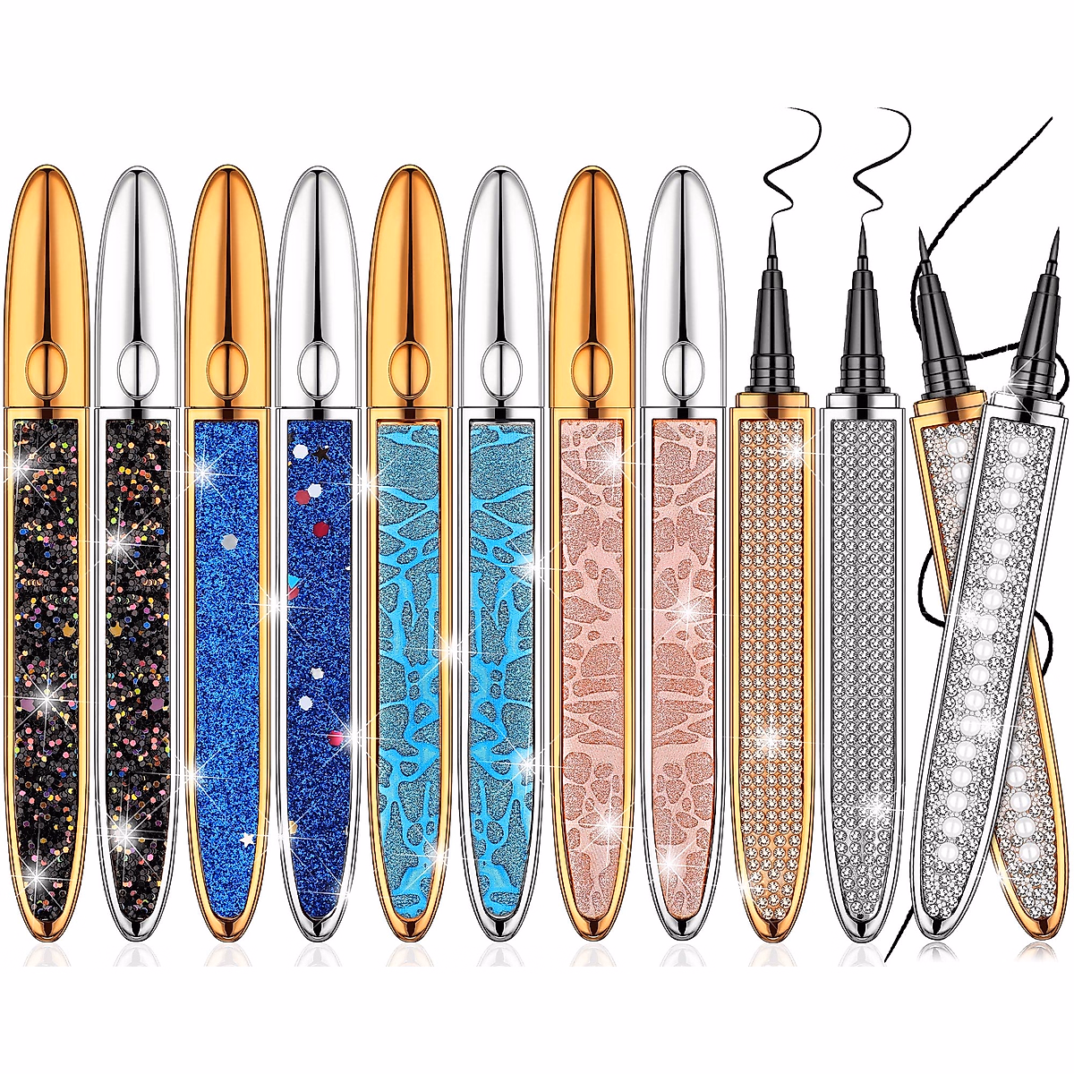 12 Pieces Self Adhesive Eyeliner 2 in 1 Eye Liner Pen Diamond Liquid Eyeliner No Glue No Magnetic Eyeliner Waterproof Lasting for Women Girls Eye Makeup False Eyelashes Gift, Black