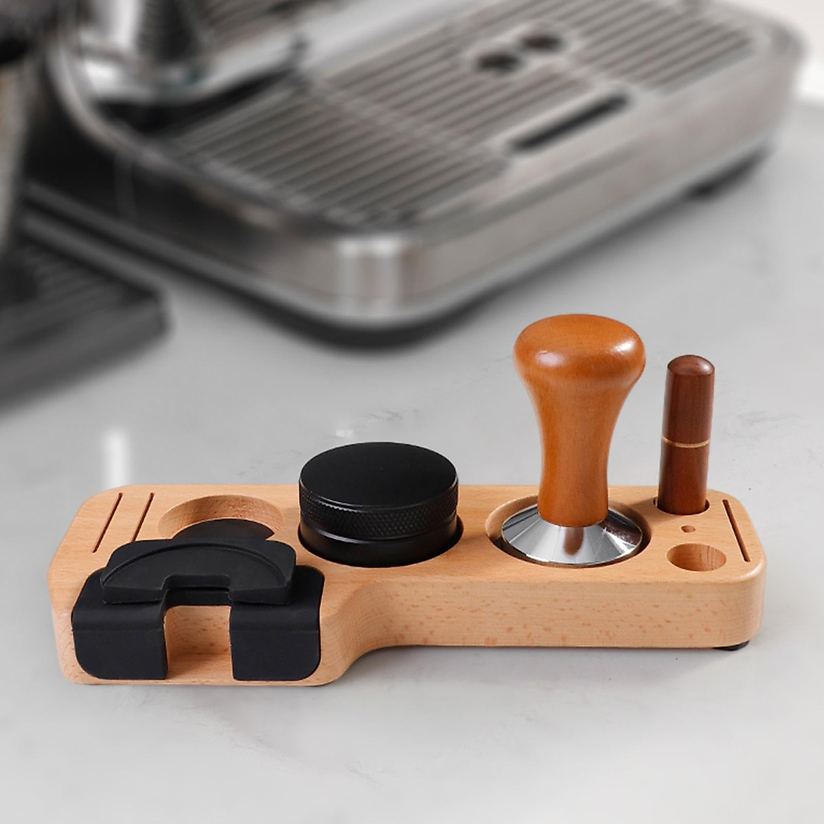 ＫＬＫＣＭＳ Espresso Accessories Kits Espresso Tamping Stand Set Barista Part Multipurpose Coffee Tamper Distributor and Stirrer for Counters Shop Cafe, Beech 51mm