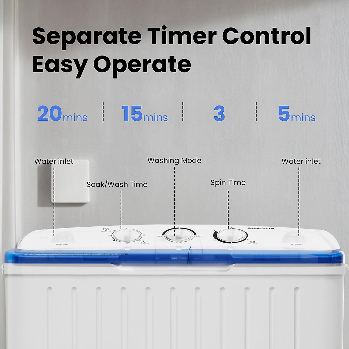 BANGSON Portable Washing Machine, Mini Twin Tub Washer and Dryer Combo with 17.6 lbs Large Capacity, Portable Washer for Apartment, Dorm, RV, Camping, Home, 25.6x14.2x28.8 inches, White & Blue