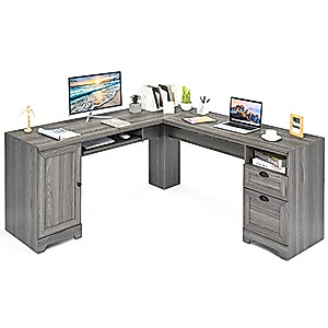 Tangkula 66" × 66" L-Shaped Desk, Corner Computer Desk with Drawers Keyboard Tray and Storage Cabinet, Home Office Desk, Sturdy and Space-Saving Computer Workstation