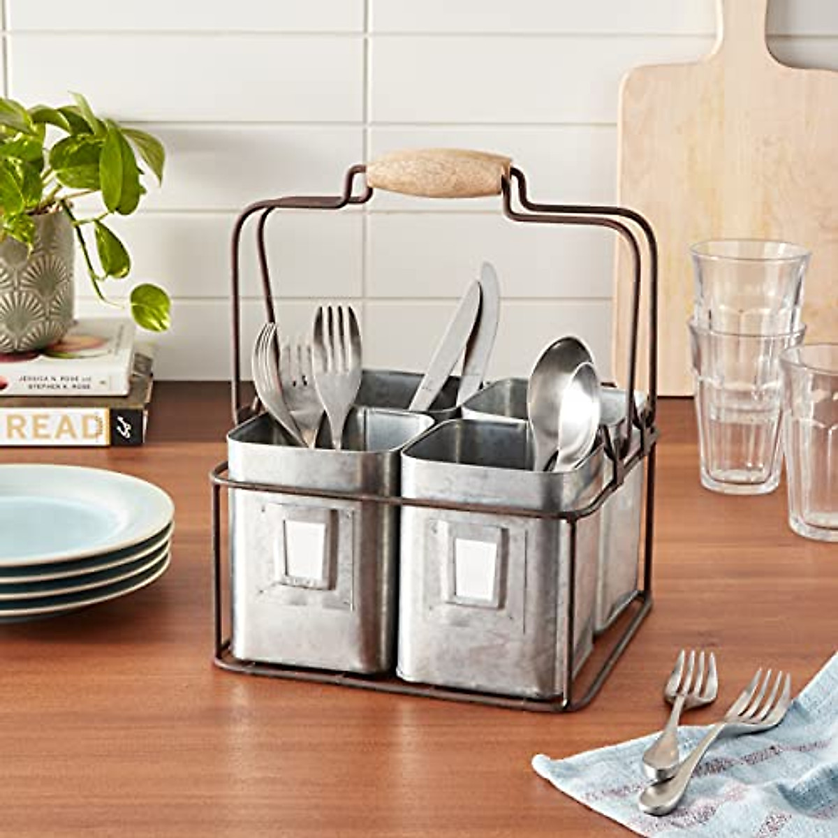 Colonial Tin Works Metal Four Tin Organizer with Handles, 9” x 9” x 5½”, Galvanized Gray Green Rust