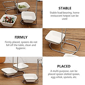 DOITOOL White Ceramic Double Ladle Spoon Rest Holder with Stainless Steel Rack Upright Utensil Holder for Stovetop Kitchen Counter Organization