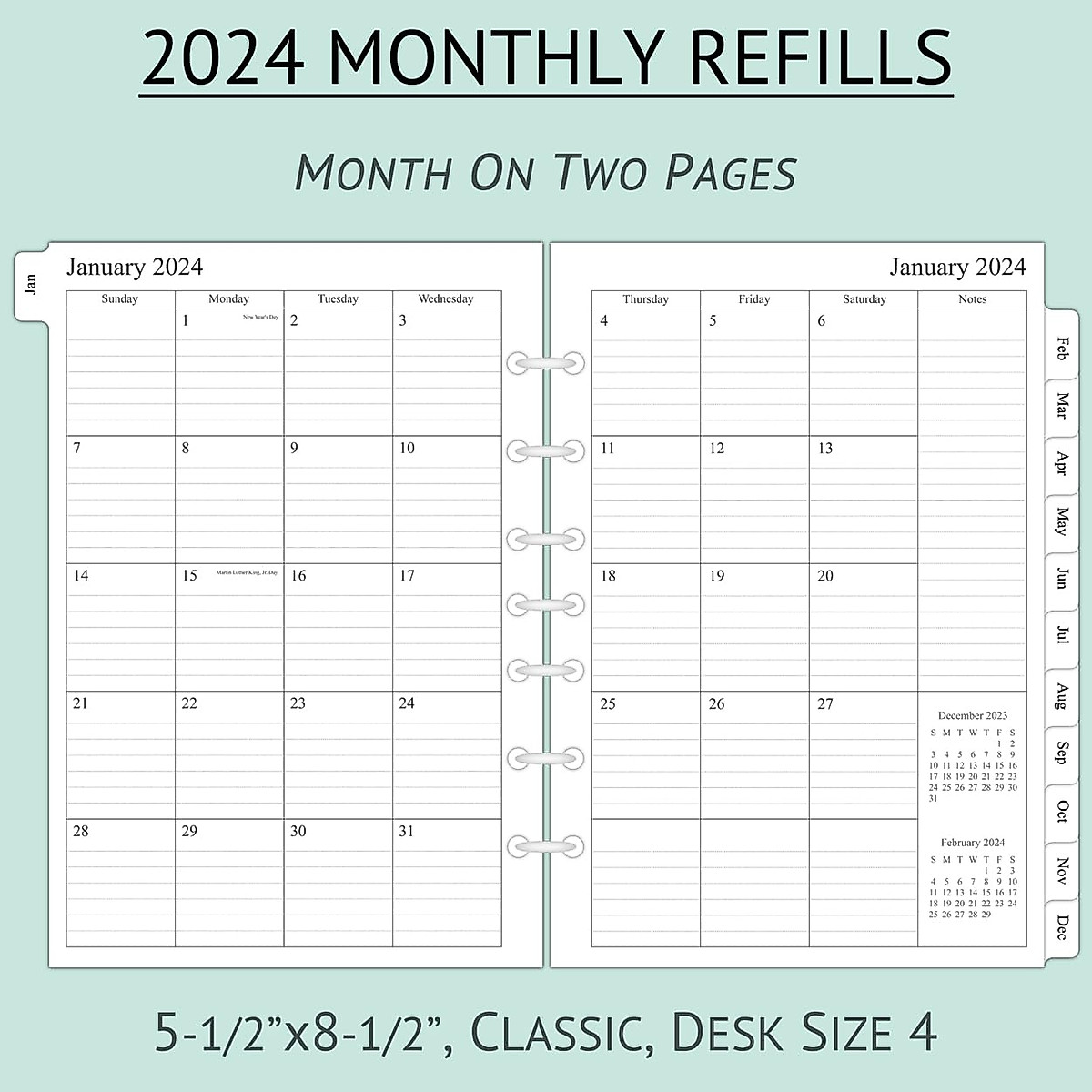 2024 Monthly Planner Refill 5-1/2" x 8-1/2", Runs from January 2024 to December 2024, Two Pages Per Month, Desk Size 4, 7-Hole Punched