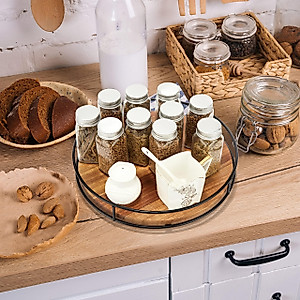 12" Acacia Wood Lazy Susan Turntable, Tomoaza Kitchen Organizer Turntable with Steel Sides, 360 Degree Turntable for Countertop Cabinet or Dining Table(Black)