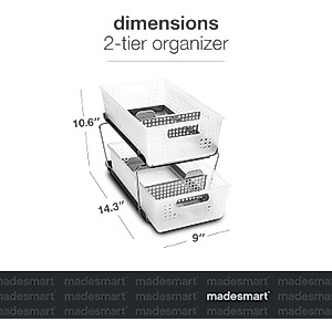 madesmart Stackable 2-Tier Organizer, Multi-Purpose Slide-Out Storage with Extra Set of Legs, Handles and Dividers for Home and Bath, BPA Free, Frost