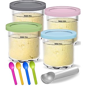 Creami Pints and Lids for Ninja - 4 pack Creamy Icecream Containers Cups Jars Tubs Canisters Set, Smoothie Pot Compatible with NC299AMZ & NC300s Series Creamer Ice Cream Maker Machine Accessories