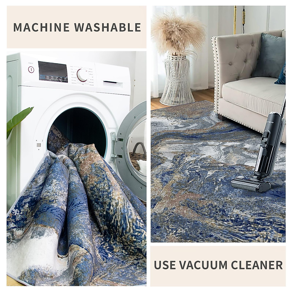 Luxcrest Marble Area Rugs for Living Room Carpet for Bedroom, Washable Area Rug Indoor Modern Rug Home Office Rug Dining Room Soft Low Pile Non-Shedding Rug (Blue/Gold, 8x10)