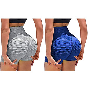 Riding Pants for Women 2 Piece Women's Butt Lifting Yoga Shorts High Waisted Tummy Control Anti-Cellulite Biker Shorts Stretch Gym Hot Shorts(Grey+Blue,Large)