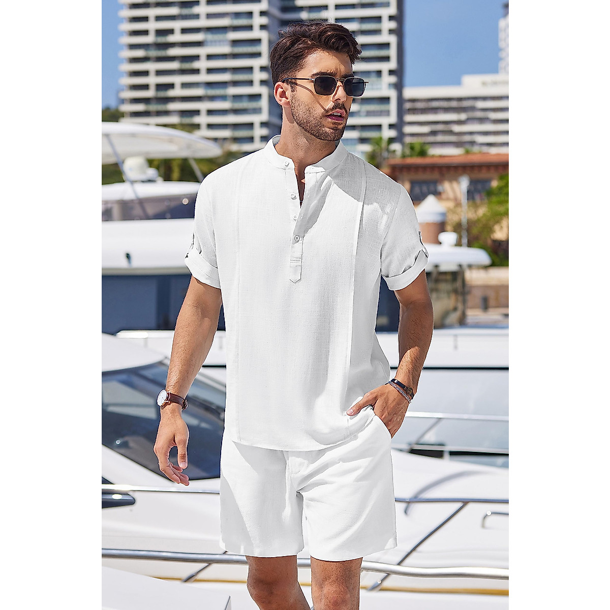 COOFANDY 2 Pieces Linen Outfits For Men White Short Sleeve Henley Shirt and Shorts Summer Beach Yoga Matching Sets