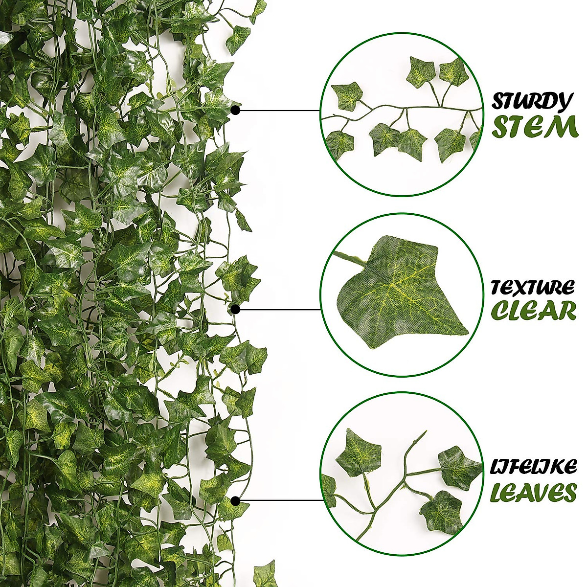 Flojery 78Ft 12pcs Silk Artificial Ivy Vine Hanging Leaves Plant Greenery Decor Party Home Garden Wedding Wall Decor (Green)