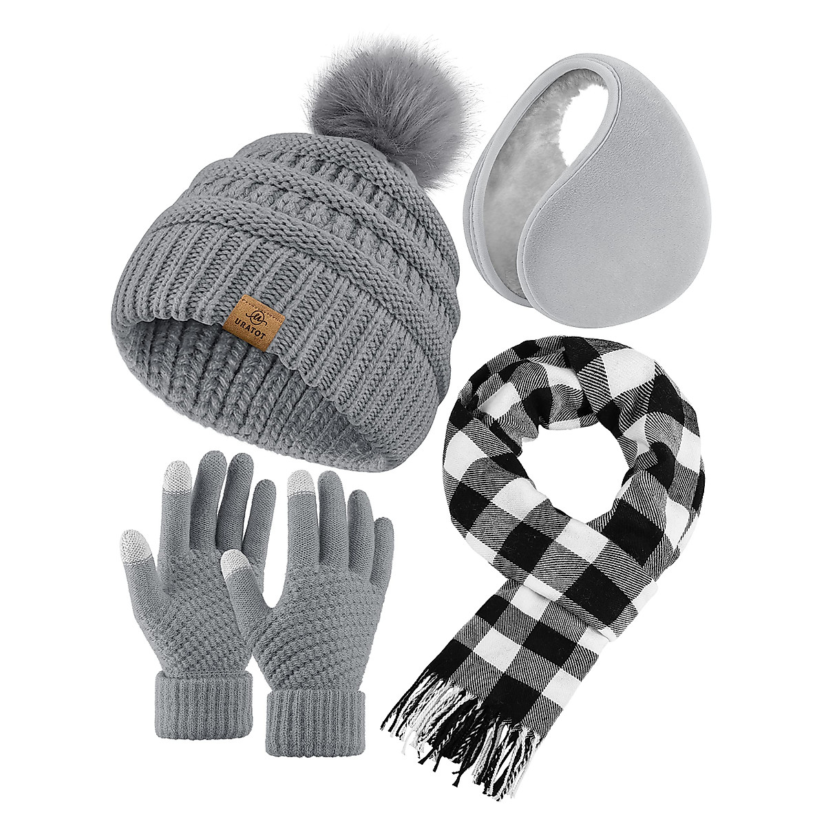 URATOT Beanie Hat Scarf Gloves 4 in 1 Winter Set Knitted Scarf Hat Touch Screen Gloves and Winter Ear Warmer for Unisex
