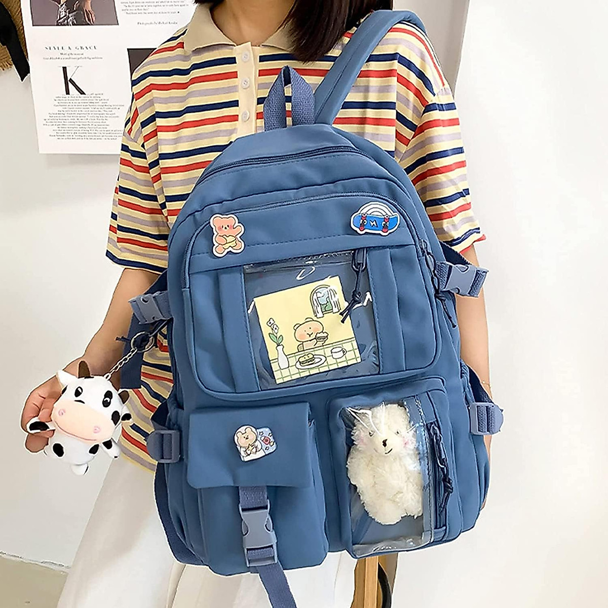 Yoaujeo Kawaii Backpack Lovely Pastel Rucksack for Teen Girls, Cute Aesthetic Bookbag for School with Kawaii Pin and Accessories (Blue)