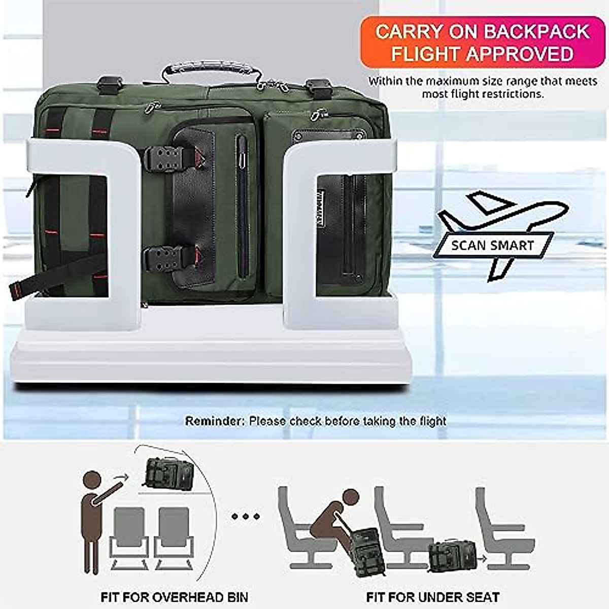 WITZMAN Carry On Travel Backpack for Men Duffle Bags Fit 17 Inch Laptop Airline Approved Laptop Backpack(B685 Army Green)