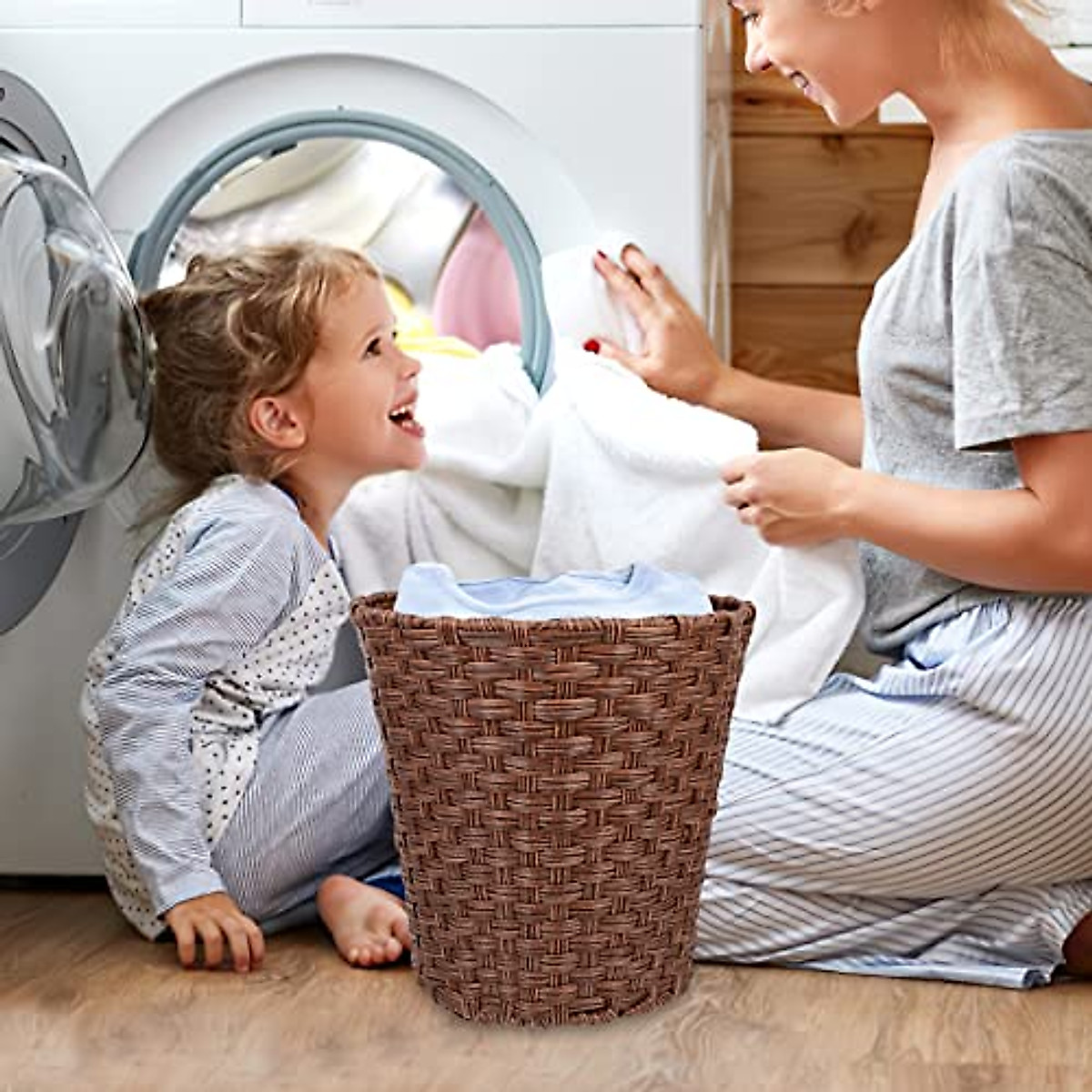 Zerodeko Wicker Laundry Hamper Round Rattan Woven Laundry Basket Dirty Clothes Hamper Decorative Wastepaper Storage Basket for Laundry Room Bathroom Bedroom Coffee