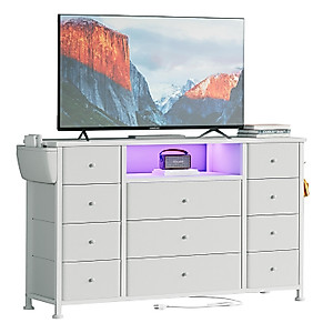WODRAWER White Dresser with Power Outlets and LED Lights, Dresser for Bedroom with 11 Drawers, Dressers & Chests of Drawers with Side Pockets, Fabric Storage Organizer