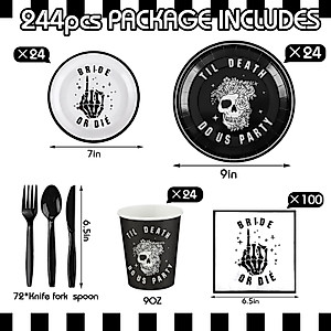 Norme 244 Pcs Bride or Die Bachelorette Party Tableware Set Include 24 Pcs 9 Inch 7 Inch Plates 24 Pcs 9 oz Paper Cups 100 Pcs Napkins 24 Knives 24 Forks 24 Spoons for Halloween Bachelorette