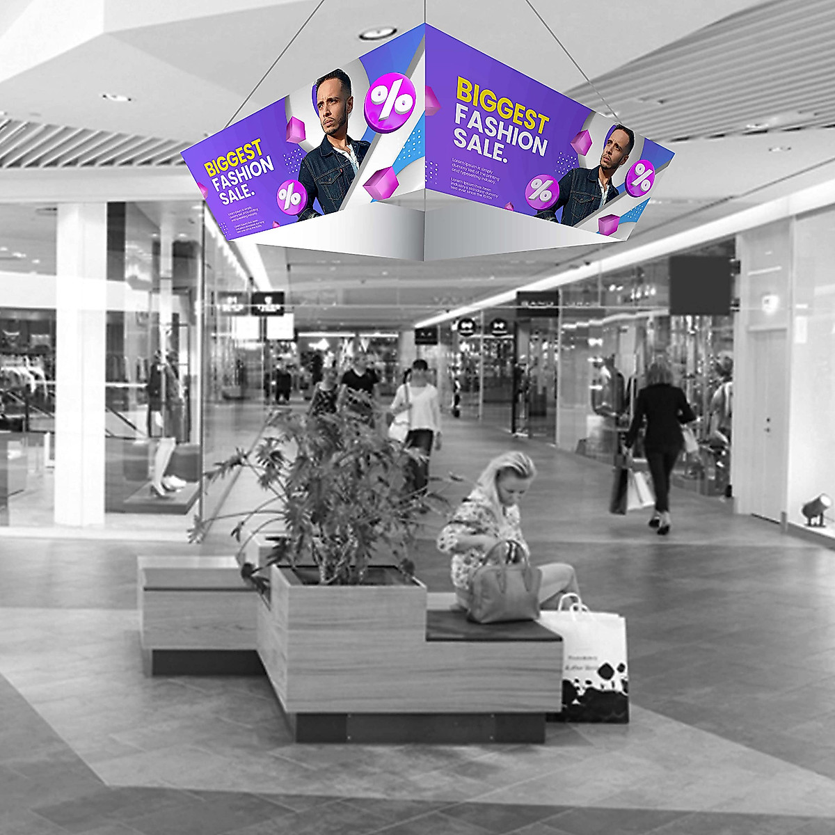 BANNER BUZZ MAKE IT VISIBLE Tapered Square Fabric Hanging Ceiling Banner Sign Single Side Printed Outside for Trade Show Display (12 X 3.5')