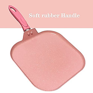 DXBVIEX Square Griddle Pan for Stove Top Nonstick, Flat Pan with Spatula & Brush, 11"X 11"(Pink)