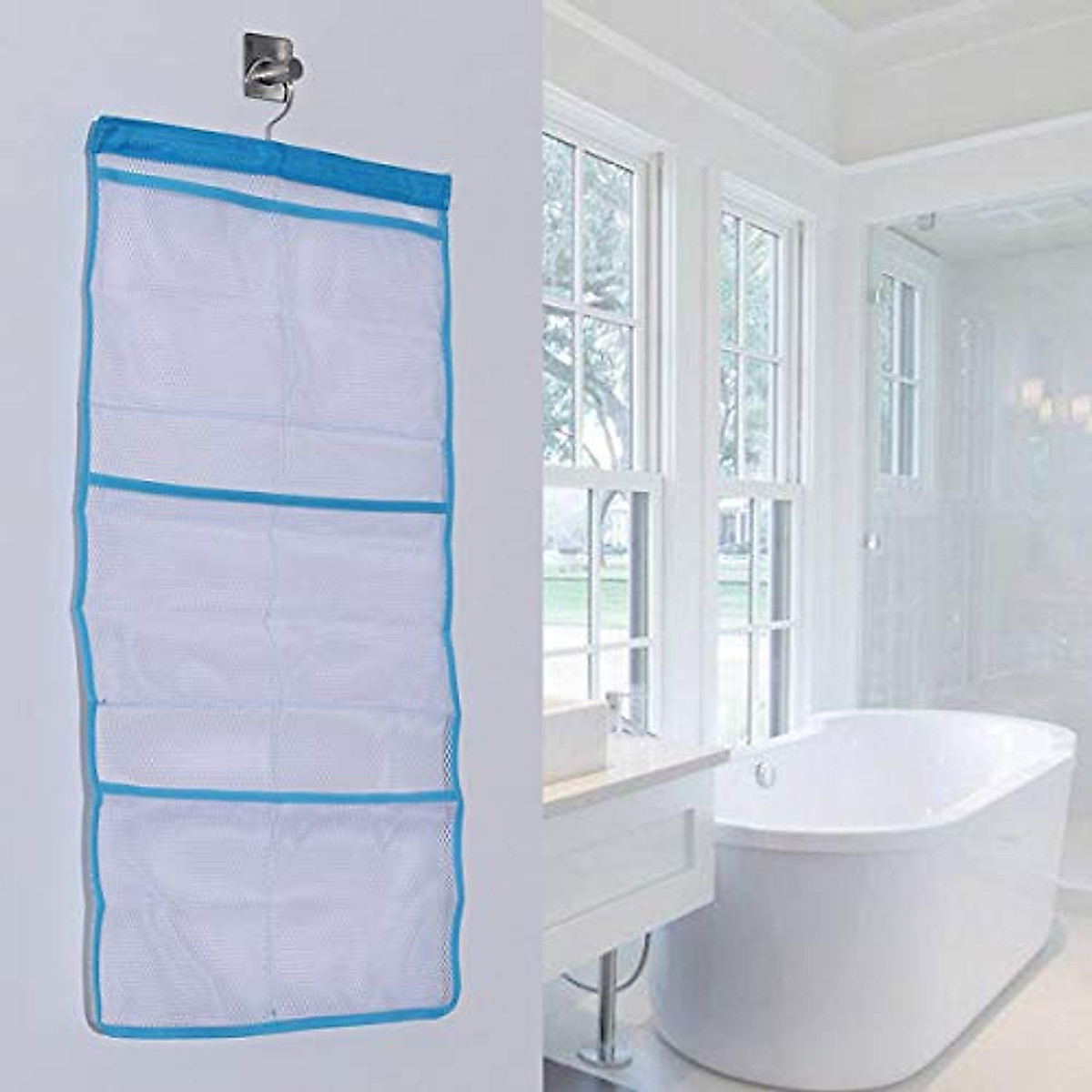 Amosfun Bathroom Organization and Storage 6 Storage Pockets Hanging Mesh Shower Caddy Space Saving Bathroom Accessories Quick Dry Bath Organizer with Single Hook (Sky- Blue)