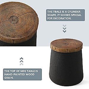 COSIEST 2 Pieces Outdoor Side Table, Set of 2 Drum End Table, Cylinder Shaped Concrete Side Table Faux-Wood Top, Black Outdoor Accent Table with Tree Trunk Slice Hand Painted, Accent Stool