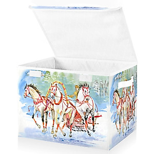 DIGTIA Horse Carriage Outdoors Storage Bins with Lids Winter Watercolor Foldable Storage Basket with Handles Collapsible Large Fabric Organizer Containers for Clothes Shelves Closet Office Home Bedroo