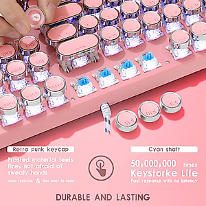 Basaltech Typewriter Keyboard and Mouse Combo, Pink Gaming Keyboard with White LED Backlight, Round Keys Blue Switch Mechanical Keyboard with Magnetic Removable Wrist Rest for Game and Office